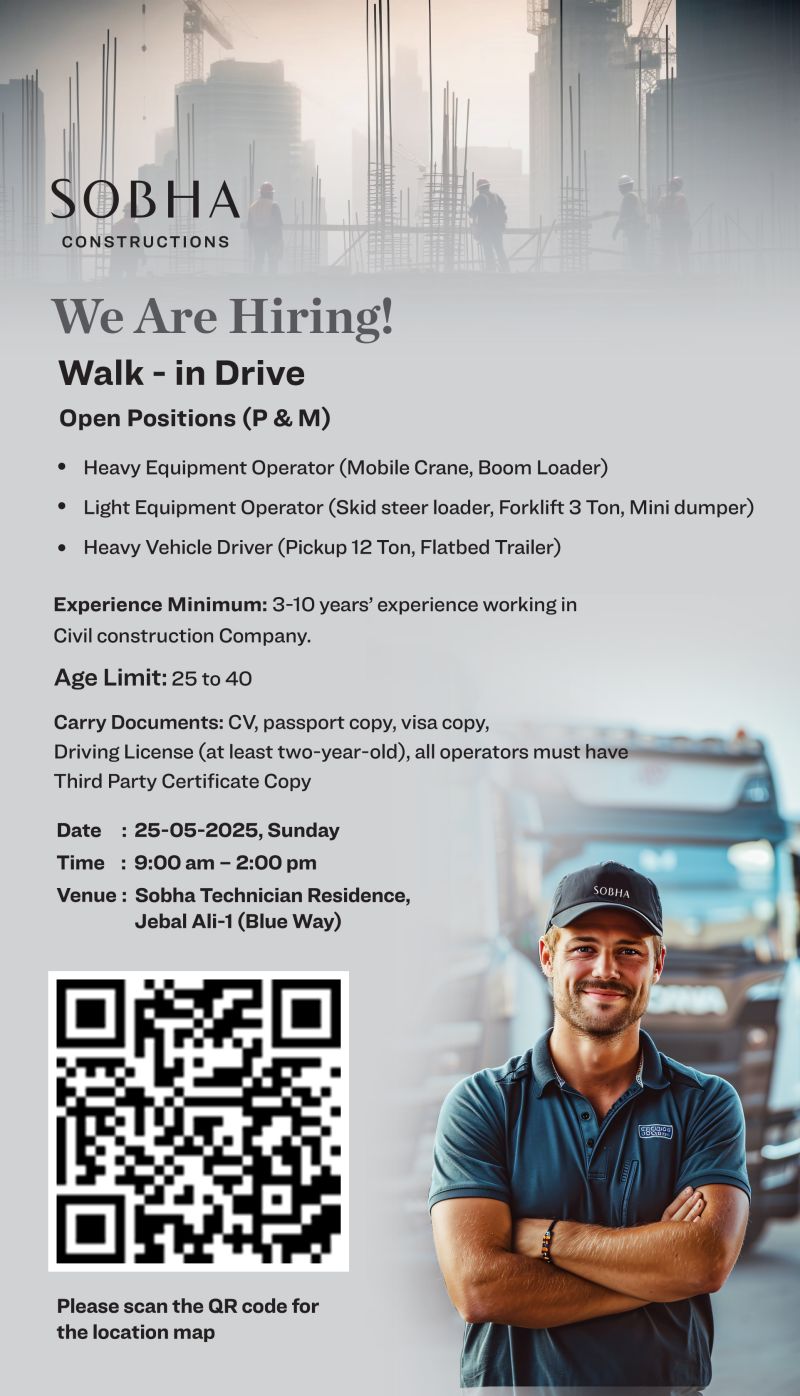 Sobha Constructions Walk-In:5 Powerful Job Openings for2025!